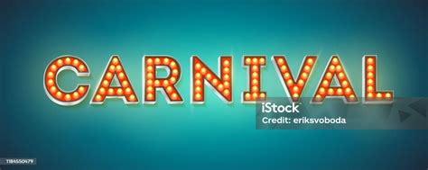 카니발 축제 카드입니다 빛나는 전구와 복고풍 글꼴의 디자인 빈티지 벡터 3d 그림 어두운 배경입니다 타이포그래피 디자인의 파티 초대 표지 전단지용 템플릿 0명에 대한 스톡