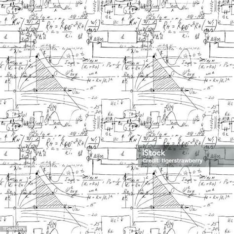 과학적인 원활한 텍스처 필기 수식 및 전자 부품 화이트에 다양 한 그래프 솔루션의 그림 물리학 및 도식 다이어그램 고 소자의 회로 벡터입니다 로봇에 대한 스톡 벡터 아트 및