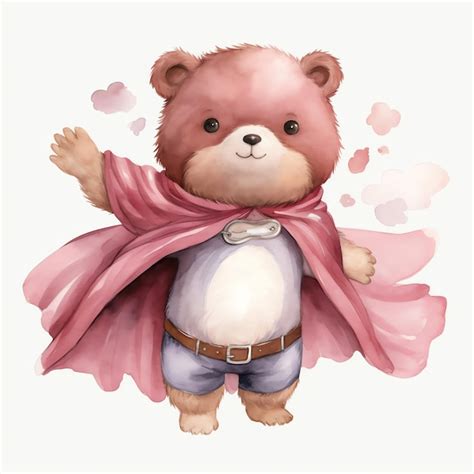 슈퍼 히어로 케이프 수채화 클립 아트 일러스트와 함께 아름다운 곰 프리미엄 사진