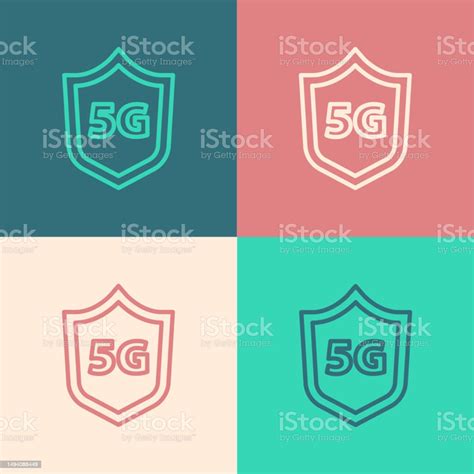 팝 아트 라인 보호 방패 5g 무선 인터넷 와이파이 아이콘은 컬러 배경에 격리되어 있습니다 글로벌 네트워크 고속 연결 데이터