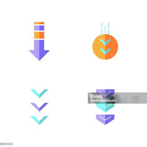 아래쪽 화살표 평면 디자인 만화 Rgb 색상 아이콘 세트입니다 원으로 이중 화살촉 스크롤 다운 버튼 화살표 인터페이스 탐색