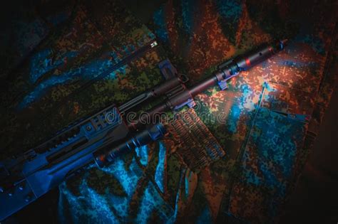 Ak 12 Assault Rifle With A Weapon Flashlight Close Up Photo Stock