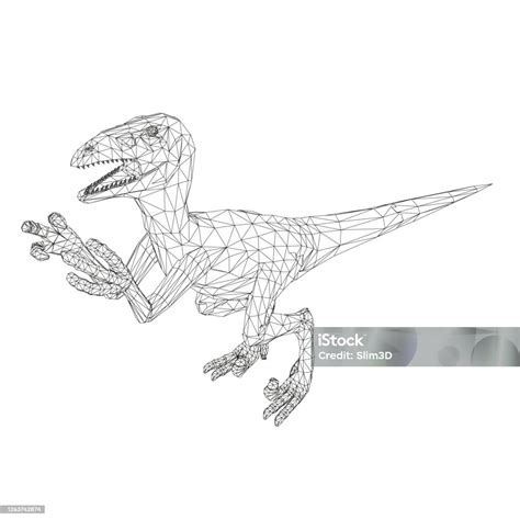 흰색 배경에 검은 선으로 만든 공룡 와이어 프레임 발과 날카로운 발톱으로 성난 공룡 등등 측정 보기 3d 벡터 일러스트레이션 3