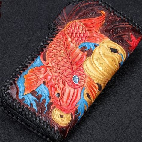 Handmade Leather Carp Mens Tooled Long Chain Biker Wallet Cool Leather