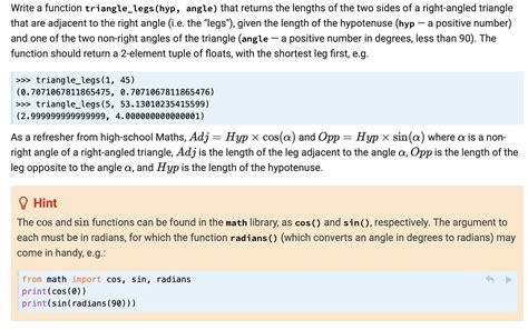 solved write a function triangle legs hyp angle that