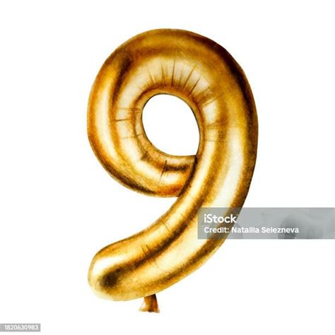 수채화 황금 호일 풍선 숫자 9 손으로 그린 생일 파티 번호 장식은 흰색 배경에 고립되어 있습니다 디자이너 인쇄물 베이비 샤워