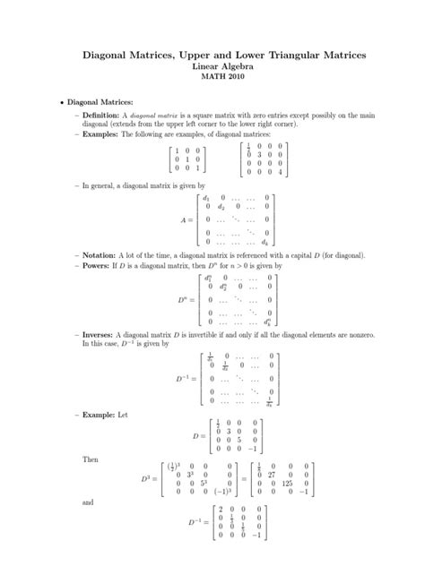 diagonal matrices upper and lower triangular matrices linear algebra