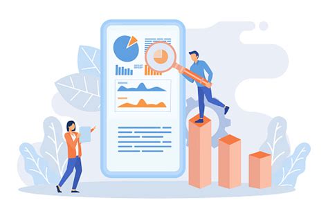 디지털 마케팅 그림입니다 캐릭터는 큰 확성기로 제품을 홍보하고 청중을 타겟팅하고 스마트 폰에서 마케팅 데이터를 분석합니다 마케팅 캠페인 개념입니다 평면 벡터 그림 데이터에