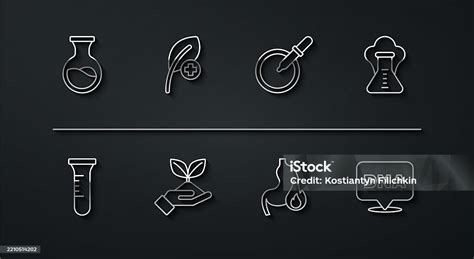 라인 테스트 튜브 및 플라스크 화학 폭발 위 속 쓰림 손에 식물 잎 또는 잎 Dna 기호 및 피펫 아이콘이있는 페트리 접시를 설정합니다 벡터 Dna에 대한 스톡 벡터 아트