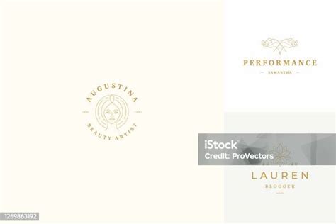 벡터 라인 로고 엠블럼 디자인 템플릿 세트 여성 얼굴 과 제스처 손 일러스트 간단한 최소한의 선형 스타일 0명에 대한 스톡 벡터