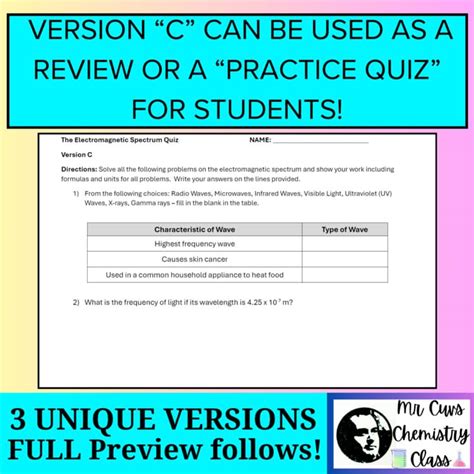 Chemistry Electromagnetic Spectrum Quiz 3 Versions With Typed Key