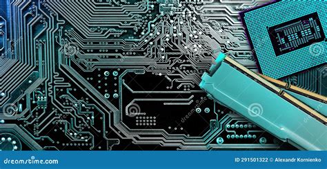 Computer Memory And Processor On Circuit Motherboard Background Stock