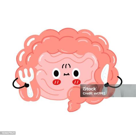 귀여운 재미 창자 기관 캐릭터 와 칼과 포크 벡터 핸드 그린 만화 가와이 캐릭터 일러스트 아이콘 흰색 배경에 격리 인간 내장