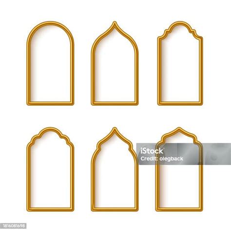 이슬람 창 또는 문 아치 모양 벡터입니다 이슬람 아랍 금 프레임 컬렉션은 흰색 배경에 분리되어 있습니다 모스크 문 아라베스크
