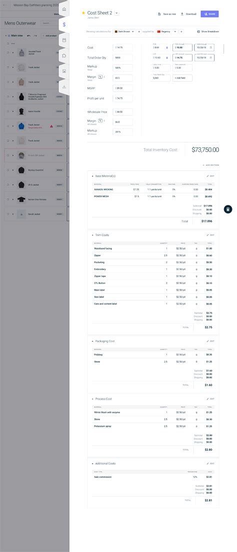 Cost Sheet Product Planning Web App Saas