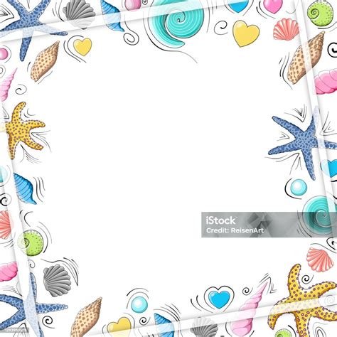 하트와 검은 낙서 라인이있는 여러 가지 빛깔의 만화 조개 그림자가있는 사각형 해양 프레임 프레임에는 텍스트에 대한 장소가