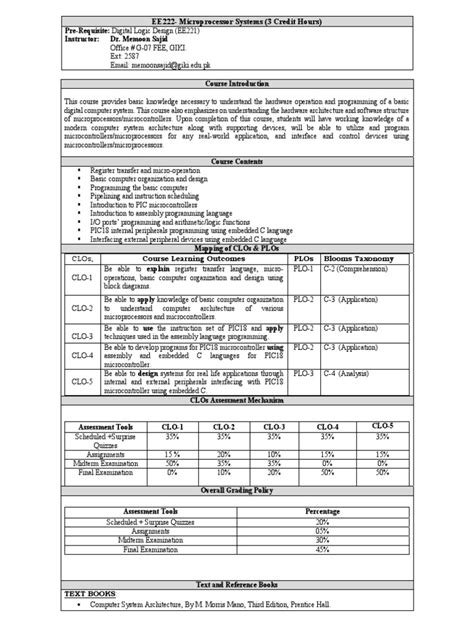 Ee222 Course Outline Micro Spring 2020 Pdf Microcontroller Office Equipment