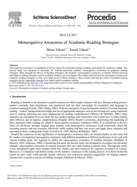 Pdf Metacognitive Awareness Of Academic Reading Strategies