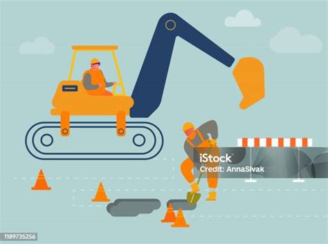 굴삭기 배거 기계 근처 삽으로 토양을 파고 빌더 기초 도로 수리에 대한 발굴 작업 지상 건설 기계에 남자 노동자 파고 구멍 만화 플랫 벡터 일러스트 도로 건설에 대한 스톡