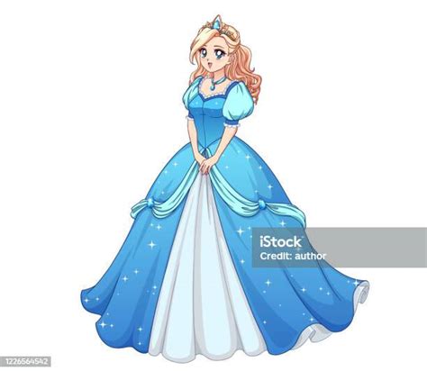예쁜 애니메이션 공주 서 파란색 공 드레스를 입고 금발 곱슬 머리 큰 푸른 눈 가공의 인물에 대한 스톡 벡터 아트 및 기타 이미지 가공의 인물 공주 등장인물 Istock
