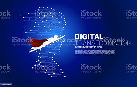 슈퍼 히어로의 실루엣은 도트 연결 라인 회로 보드 스타일에서 남자 머리와 비행 개념 배경 인간의 미래와 기술 경외감에 대한 스톡