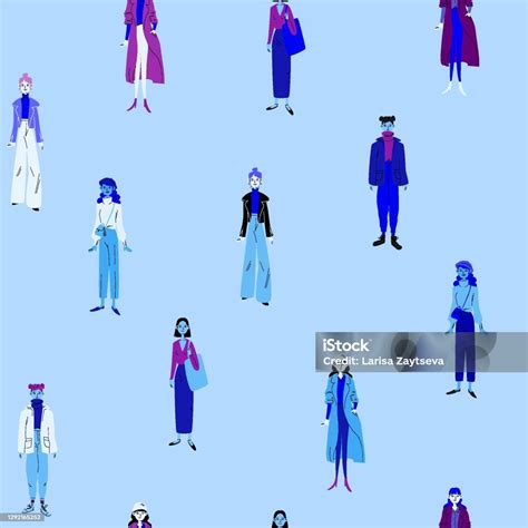 여성과 원활한 패턴 파란색 배경에 파란색 흰색 유행 가운에 다양한 여자의 인물의 여성 그룹 타일 벡터 스톡 다채로운 일러스트로 만화 스타일 가냘픈에 대한 스톡 벡터 아트 및