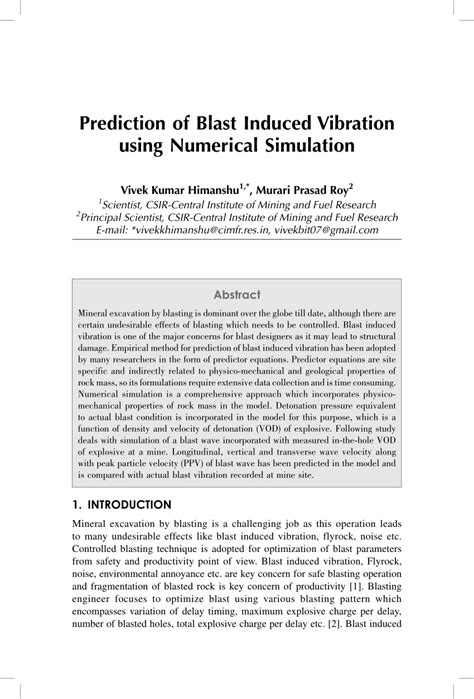 Pdf Prediction Of Blast Induced Vibration Using Numerical Simulation