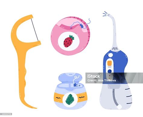 잇몸 관리 및 치간 위생을 위한 치실과 Irrigator의 사랑스러운 만화 세트 트렌디 한 손으로 그린 치아 끈 용기 홀더 전자 치실에 다양한 유형 구강학 도구 개성 개념에