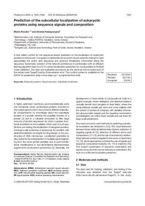 Pdf Prediction Of The Subcellular Localization Of Eukaryotic Proteins