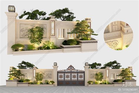 新中式别墅庭院大门围墙3d模型下载【id1158290391】知末3d模型网