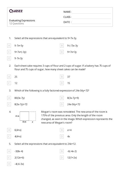 50 Evaluating Expressions Worksheets For 7th Year On Quizizz Free