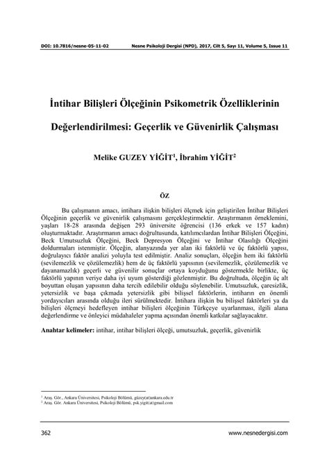 Pdf Investigation Of Psychometric Properties Of Suicide Cognitions Scale Validity And