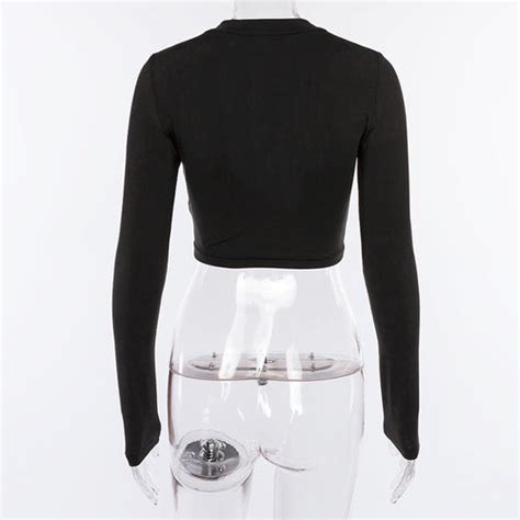 Black Buckle Open Chest Crop Top Long Sleeve Shirt Gothic Dark Style