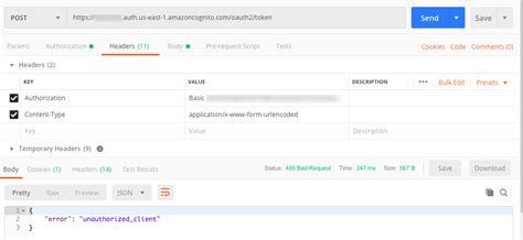 amazon web services aws cognito token endpoint giving a 400 bad request error unauthorized