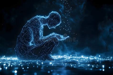 A Glowing Digital Humanoid Figure Composed Of Interconnected Nodes And Lines Kneeling In A