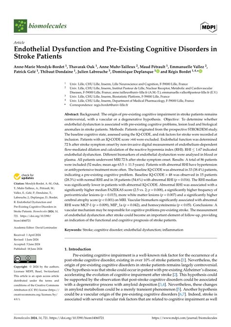 Pdf Endothelial Dysfunction And Pre Existing Cognitive Disorders In Stroke Patients