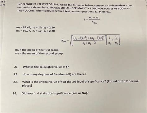 Solved Independent T Test Problem Using The Formulae Below