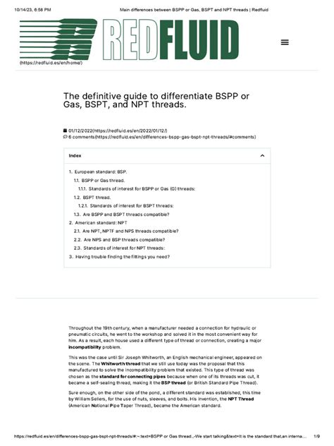 Main Differences Between Bspp Or Gas Bspt And Npt Threads Redfluid Pdf Pipe Fluid