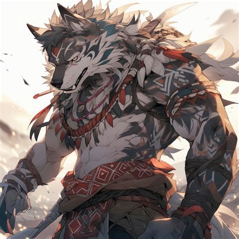 Premium Ai Image Strong Male Gnoll With Tribal Tattos Anime Style