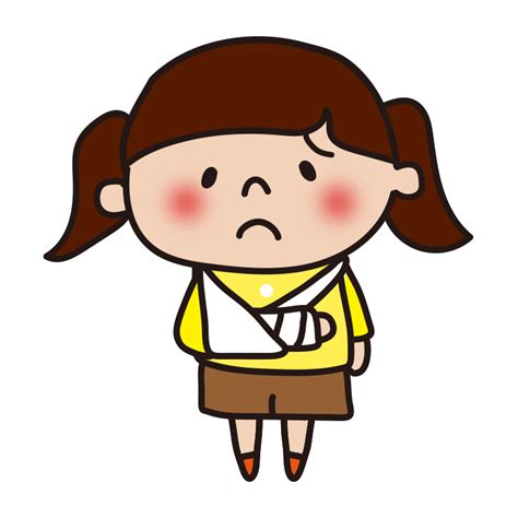 腕を骨折した子供（女の子）の無料フリーイラスト かわいい手描きの無料素材「てがきっず」保育園・小学校・介護施設にぴったりのフリー素材イラスト