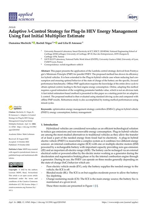 Pdf Adaptive λ Control Strategy For Plug In Hev Energy Management Using Fast Initial