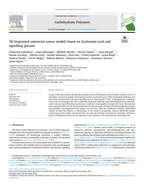 Pdf 3d Bioprinted Colorectal Cancer Models Based On Hyaluronic Acid And Signalling Glycans