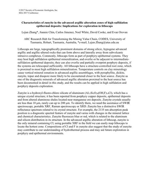 Characteristics Of Zunyite In The Advanced Argillic Alteration Zones Of