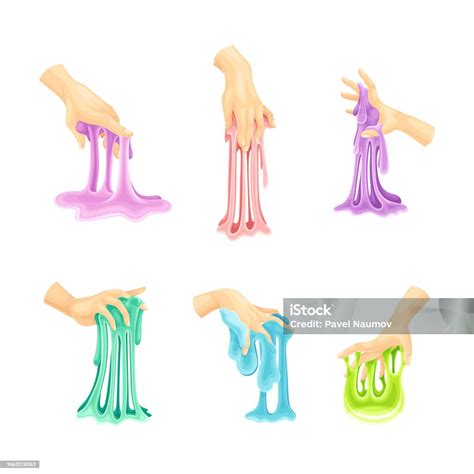 화려한 슬라임 세트를 연주하는 인간의 손 끈적 끈적한 밝은 액체 손 껌 끈적 끈적한 물방울 점액 만화 벡터 일러스트 레이 션 끈적거리는에 대한 스톡 벡터 아트 및 기타