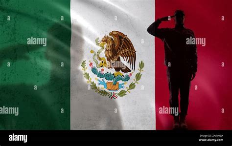 Mexican Soldier Silhouette Saluting Against National Flag Protection