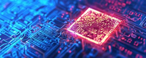 Futuristic Microchip Glowing In Vibrant Blue And Red Colors On Circuit Board Copy Space For