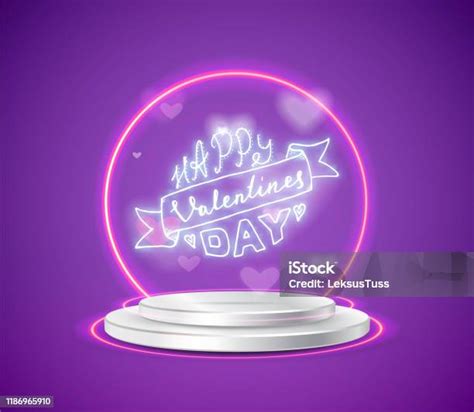 커튼 배경에 복고풍 네온 프레임으로 둘러싸인 연단에 서포 네온 비문 행복 발렌타인 데이 연단에 대한 스톡 벡터 아트 및 기타 이미지 연단 낮 네온 Istock