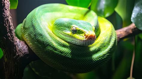 Close Up Of A Green Tree Python Coiled Around A Branch In A Lush Tropical Environment Stock