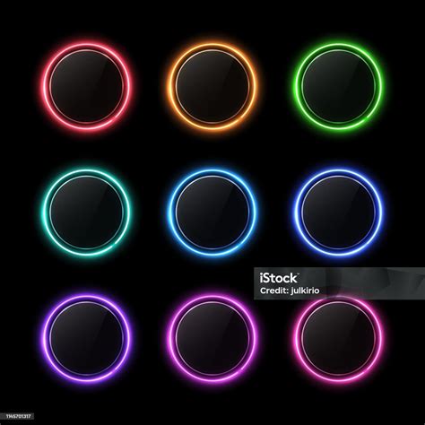 색상 버튼을 설정 합니다 네온 동그라미 빛 효과 검은 배경에 눈부심과 광택 유리 질감 배너입니다 웹 인터페이스 인포 그래픽 인터넷 사이트 보고서에 대 한 라운드 빛나는