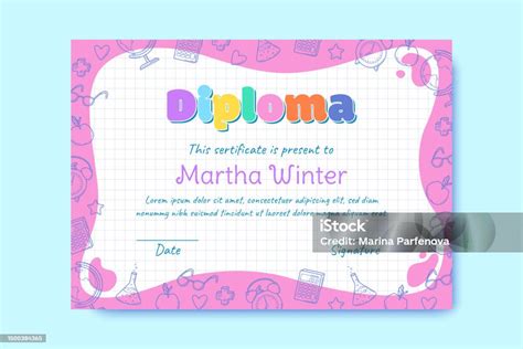 아이들을 위한 디플로마 템플릿 유치원 학교 유치원 또는 놀이 학교를 위한 손으로 그린 학교 요소가 있는 인증서 배경 벡터 그림 아이에 대한 스톡 벡터 아트 및 기타 이미지